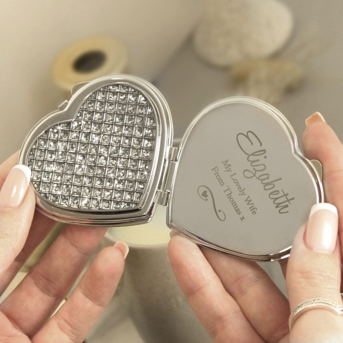 Personalised Swirls & Hearts Diamante Heart Compact Mirror - ForYou.ie