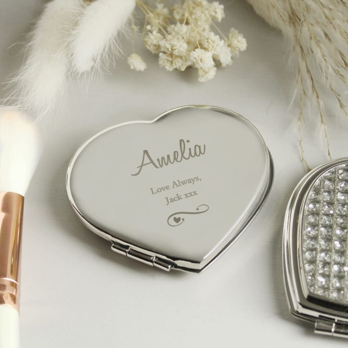 Personalised Swirls & Hearts Diamante Heart Compact Mirror - ForYou.ie