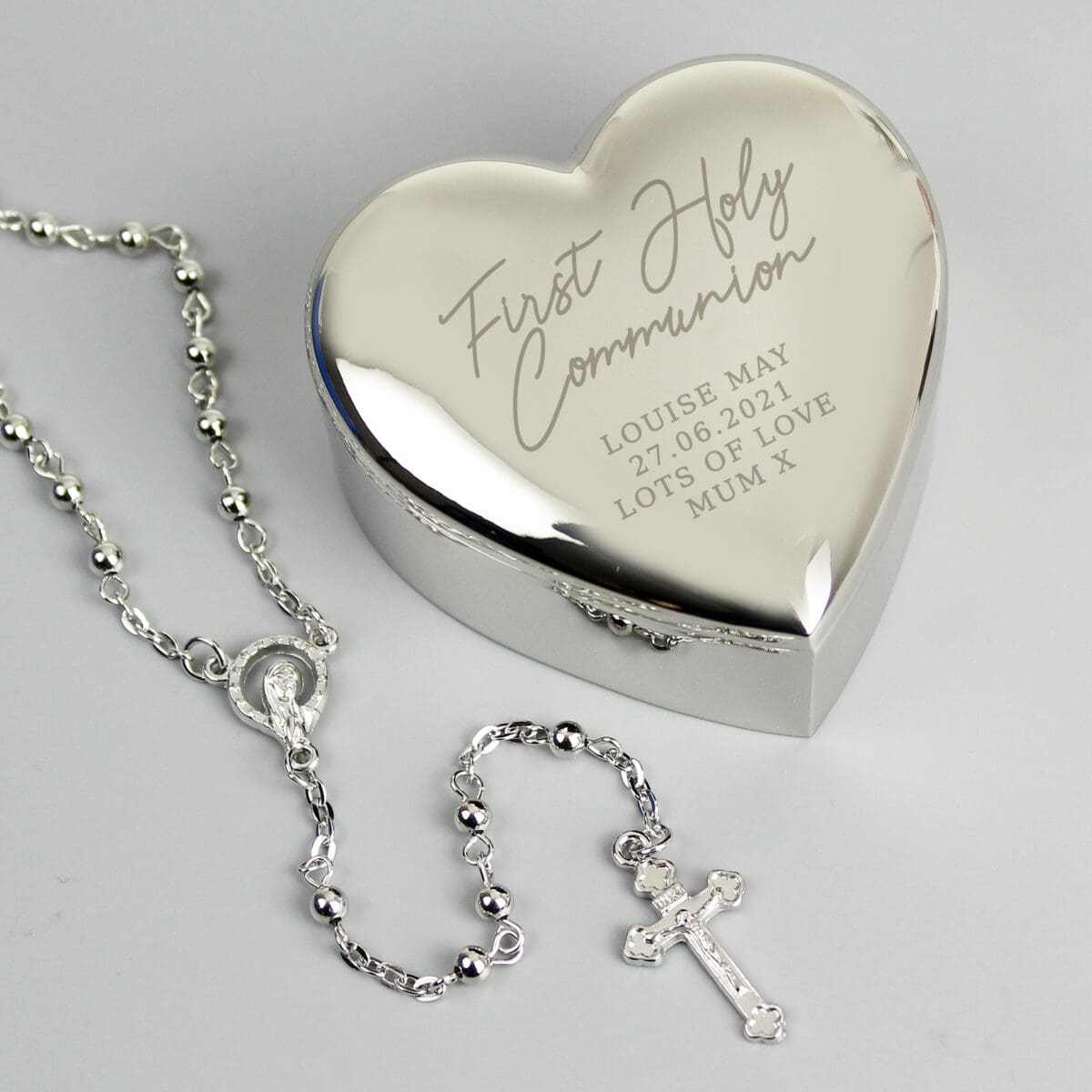 Personalised First Holy Communion Rosary Beads and Cross Heart Trinket ...
