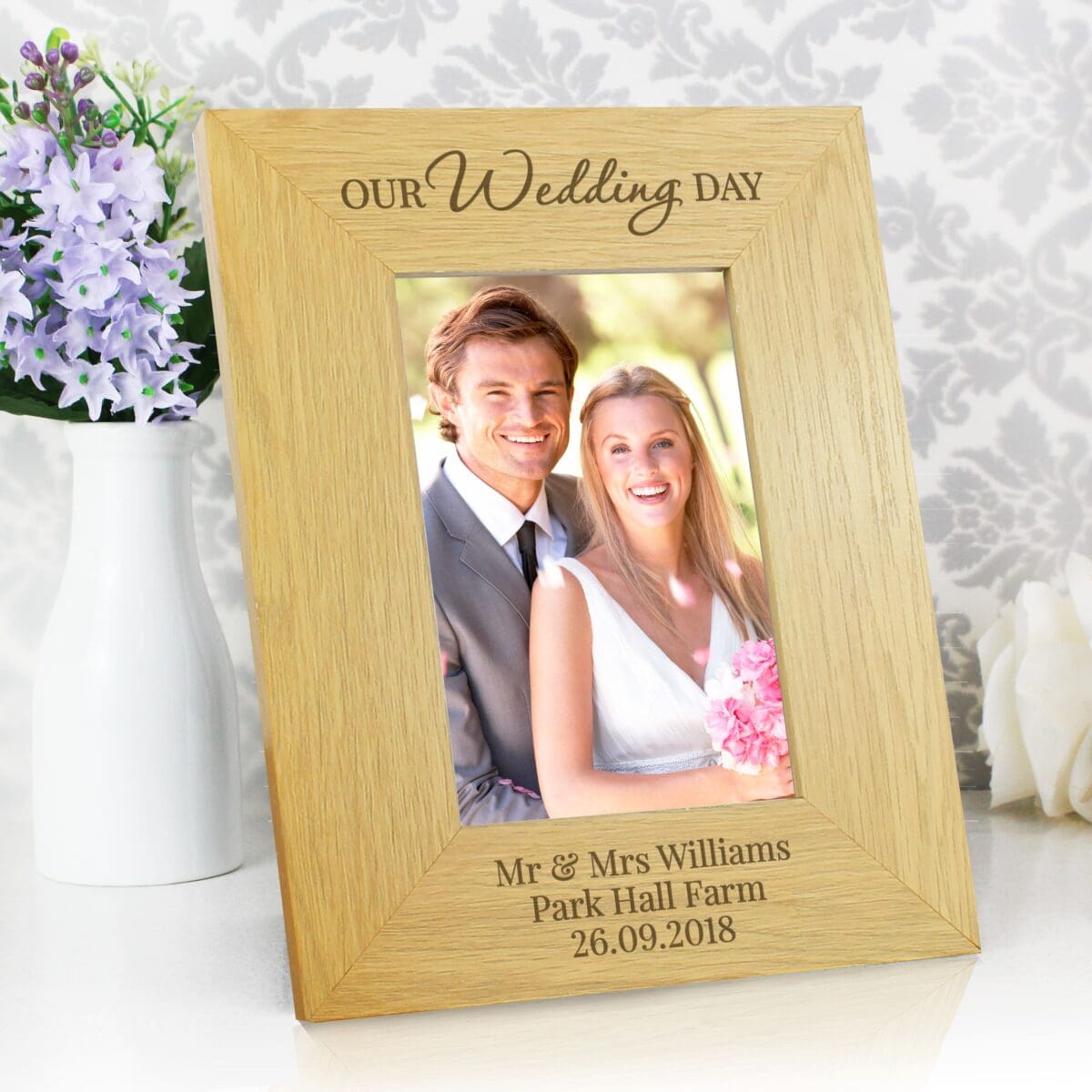 Personalised Our Wedding Day 6x4 Oak Finish Photo Frame - ForYou.ie