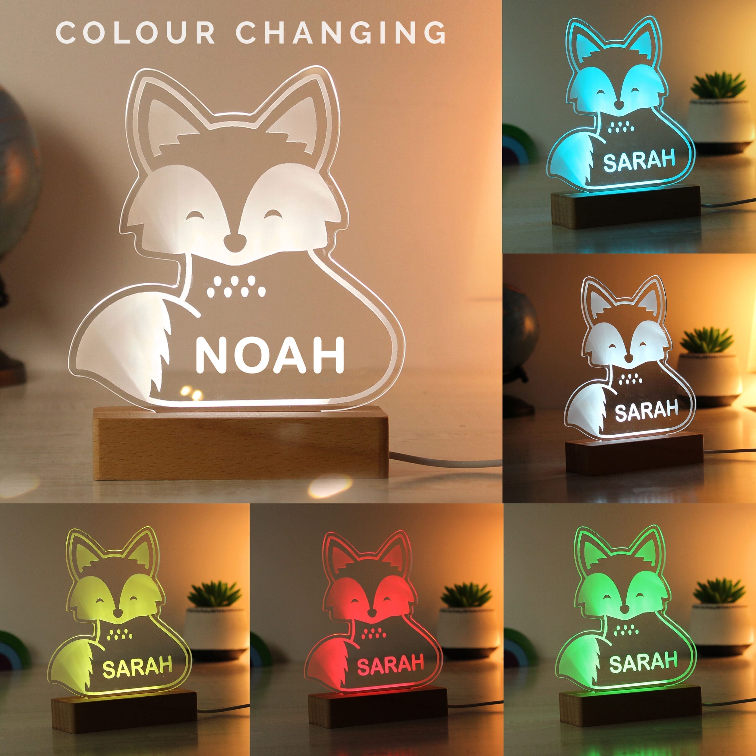Personalised Fox Wooden Based LED Light - ForYou.ie