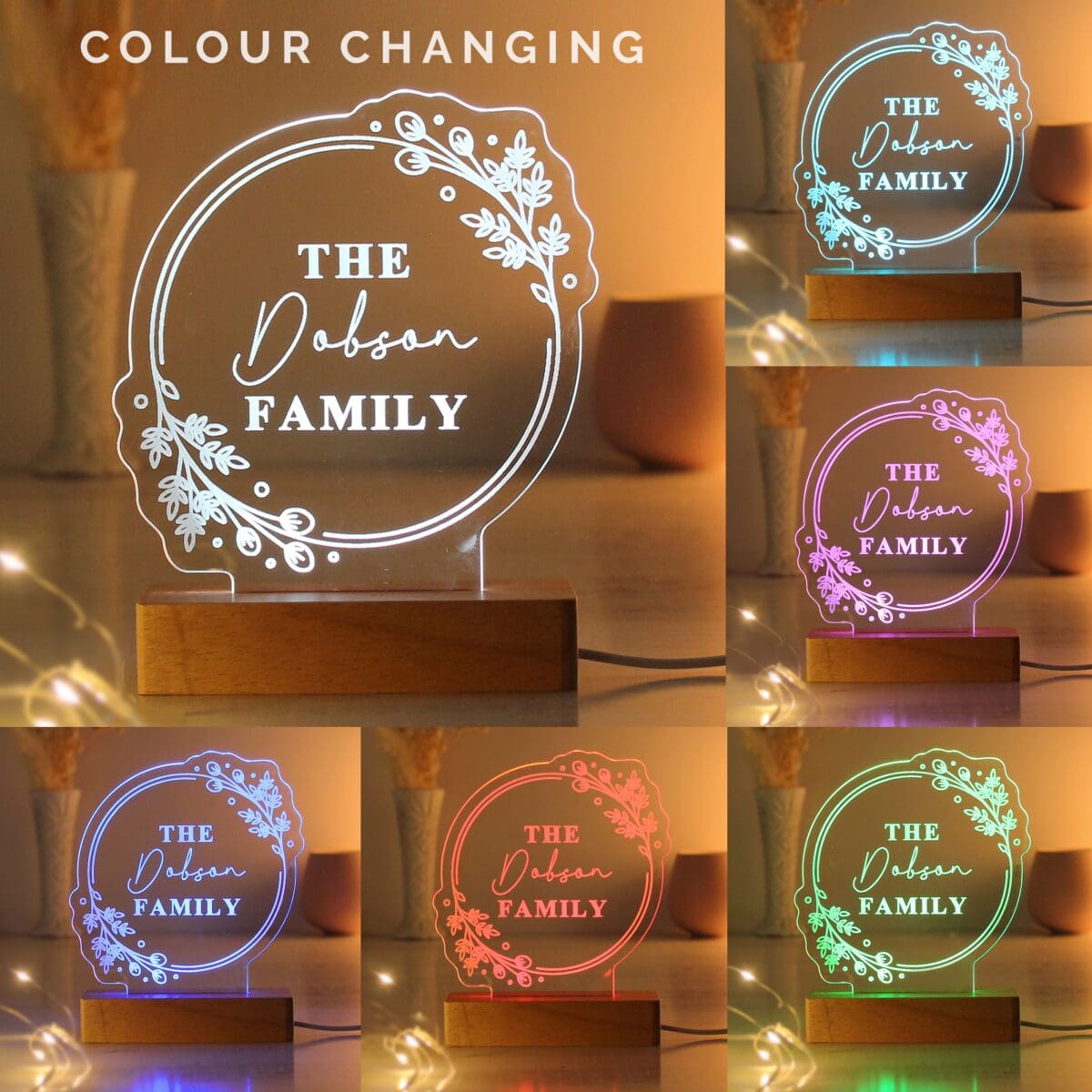 Personalised Floral Wooden Based LED Light - ForYou.ie