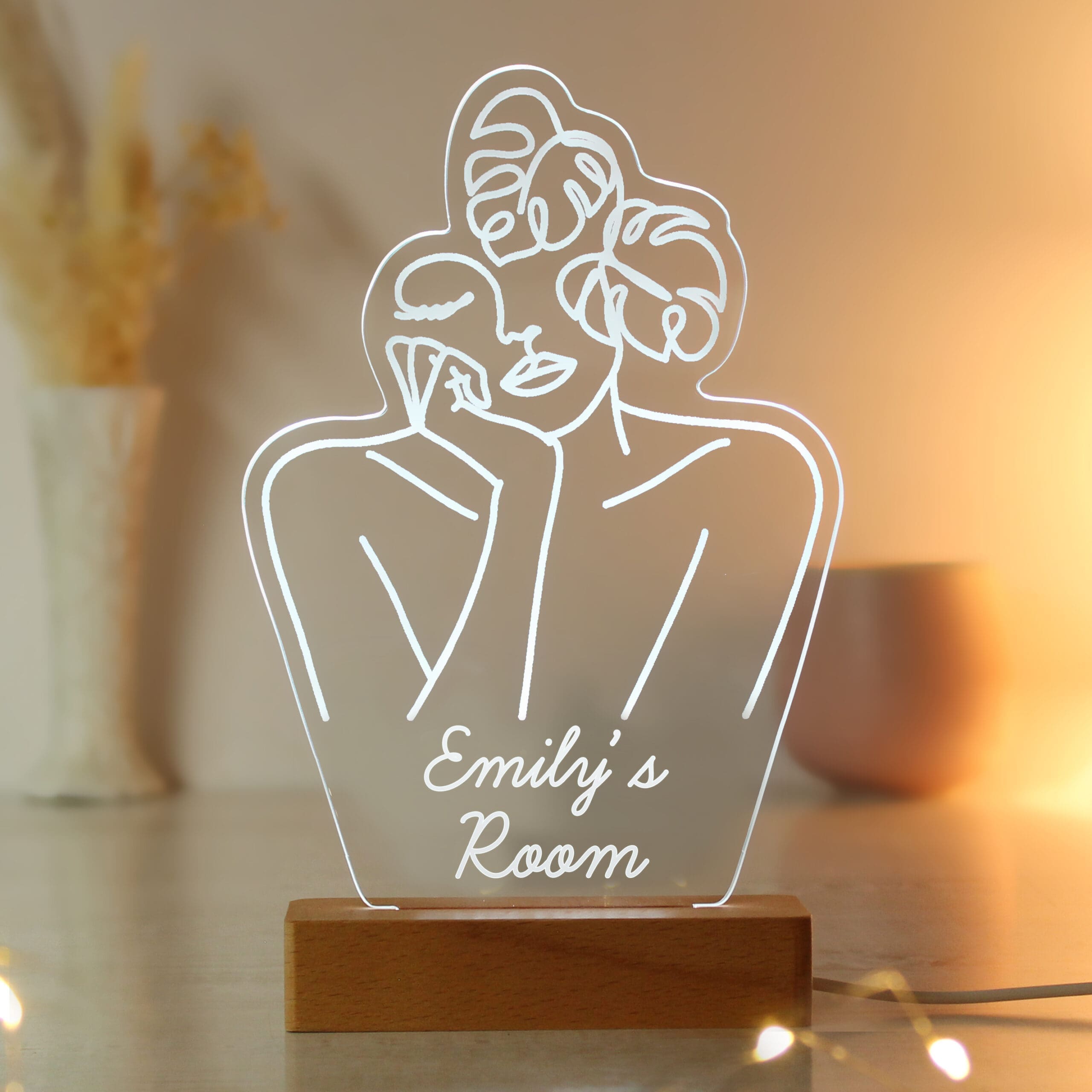 Personalised Fleur Line Art Wooden Based LED Light - ForYou.ie