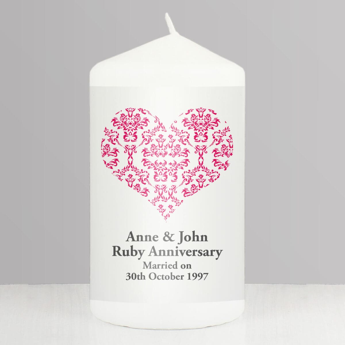 Personalised Ruby Damask Heart Pillar Candle - ForYou.ie