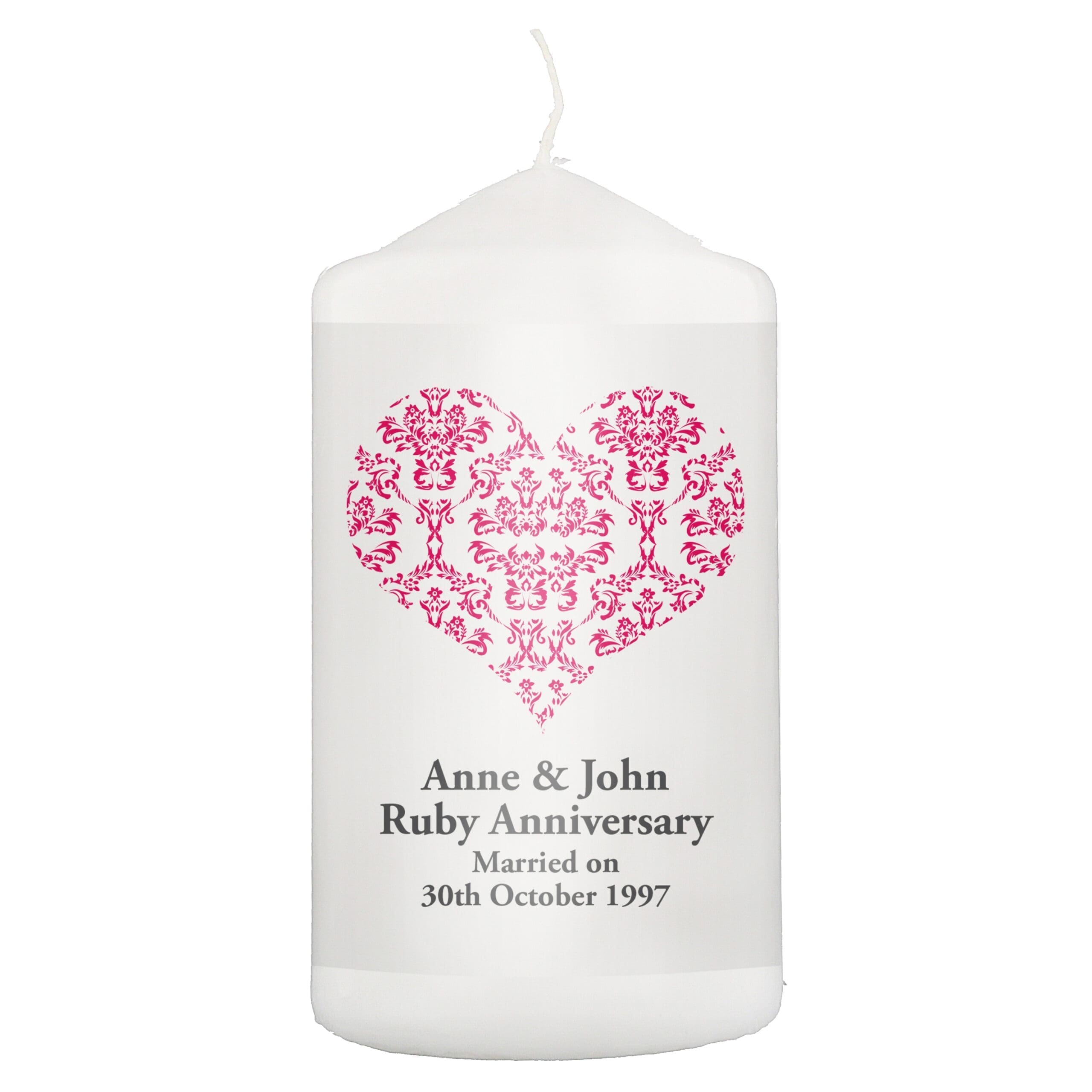 Personalised Ruby Damask Heart Pillar Candle - ForYou.ie