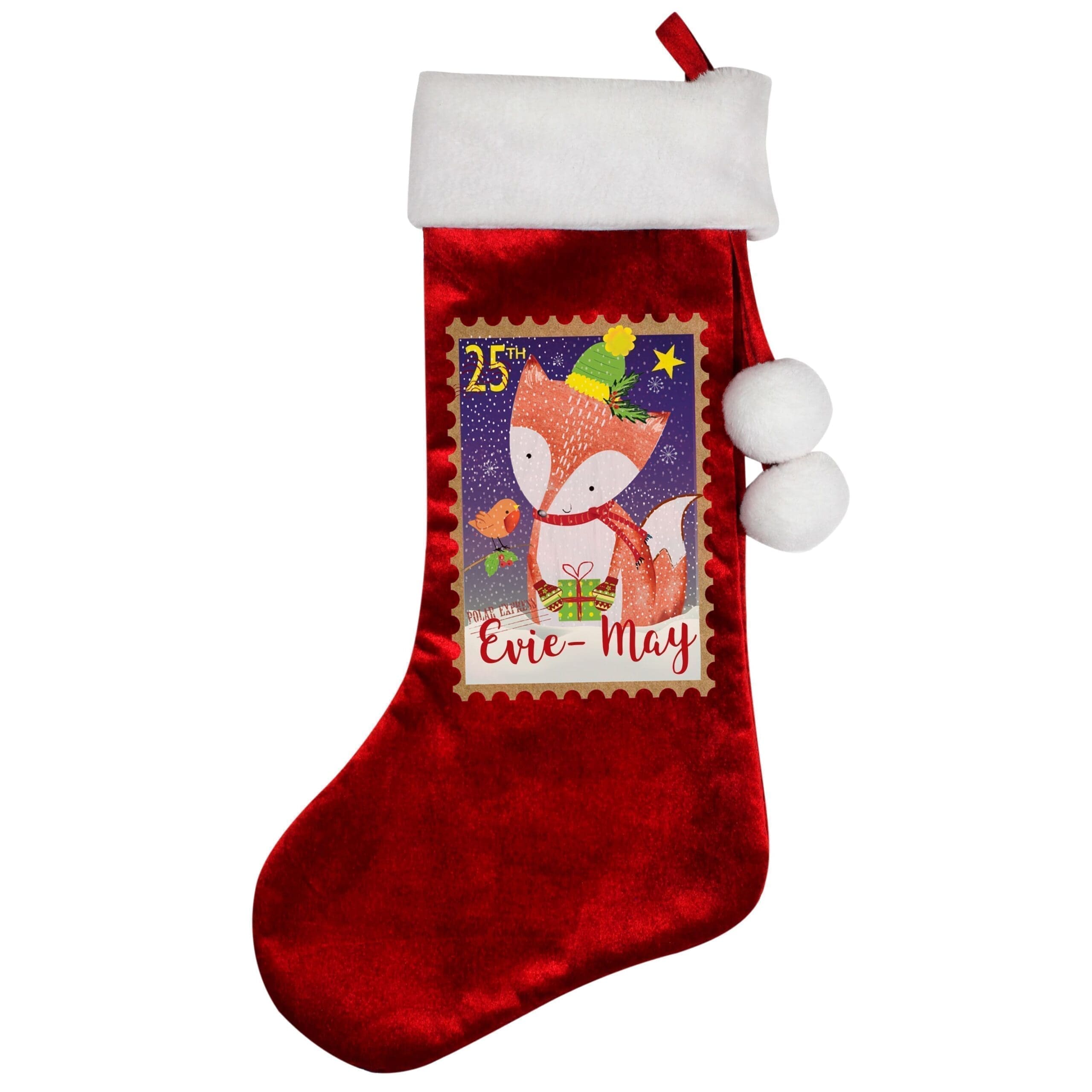 Personalised Festive Fox Luxury Red Stocking - ForYou.ie