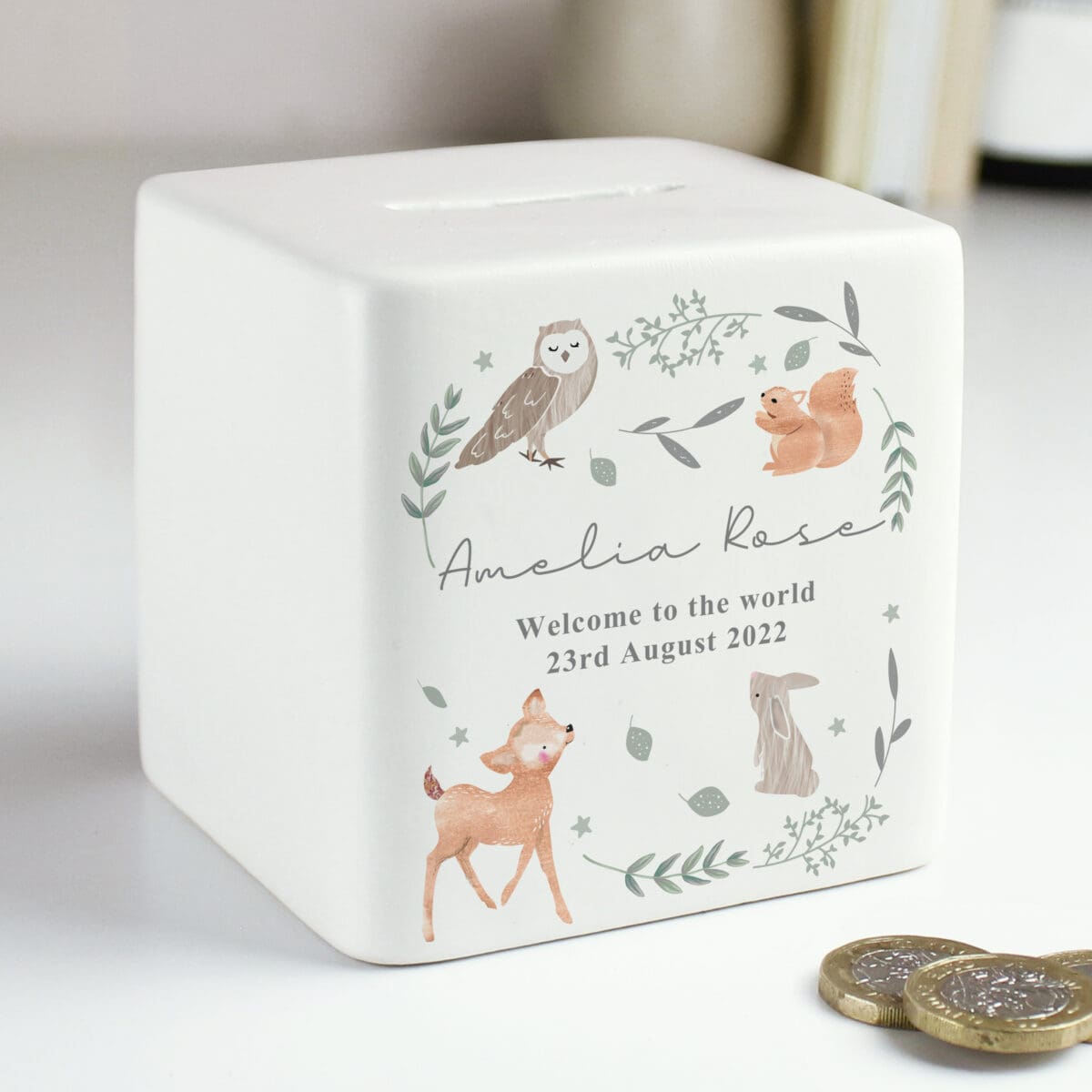 Personalised Woodland Animals Ceramic Square Money Box - ForYou.ie
