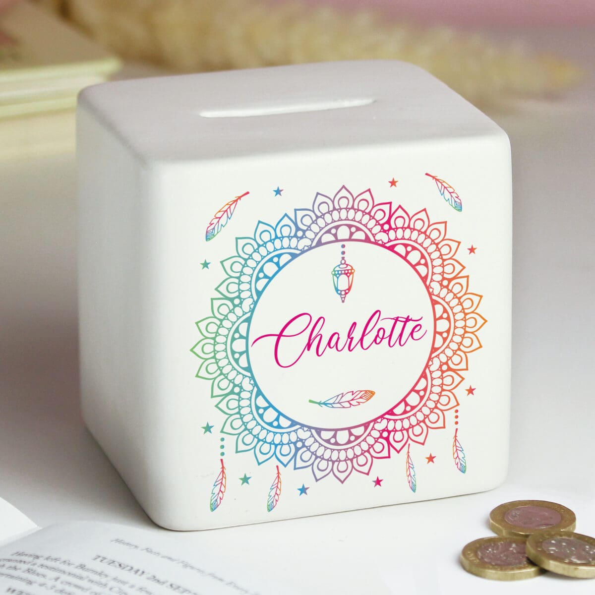 Personalised Dreamcatcher Ceramic Square Money Box - ForYou.ie