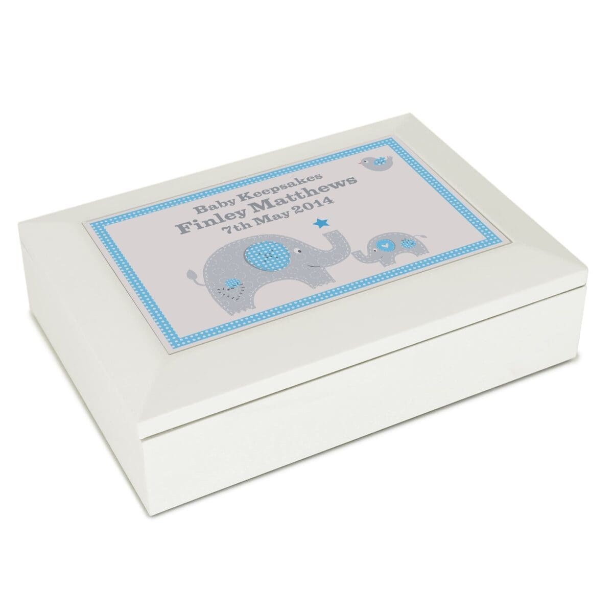 Personalised Blue Baby Elephant White Wooden Keepsake Box - ForYou.ie