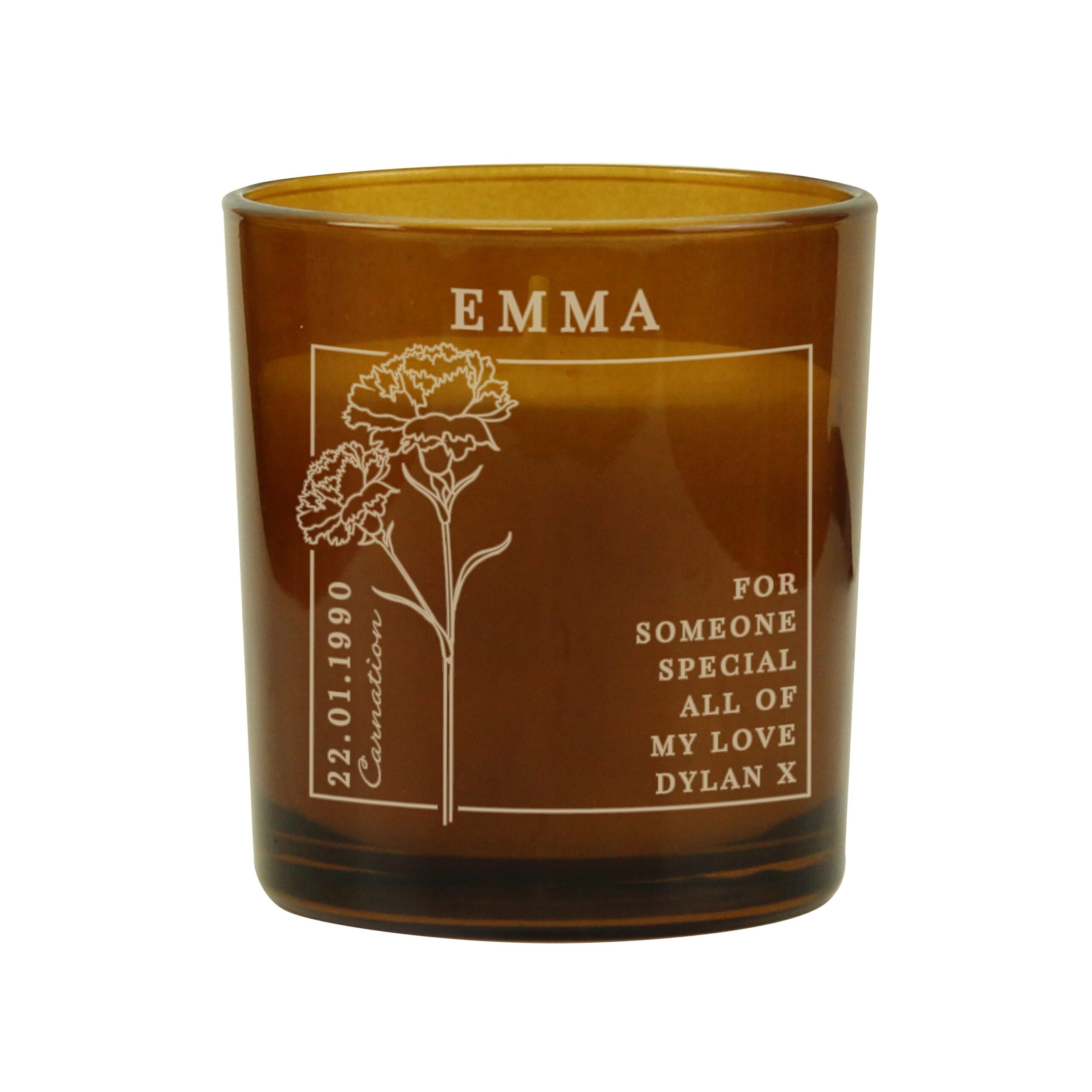 Personalised January Birth Flower Amber Glass Candle - ForYou.ie
