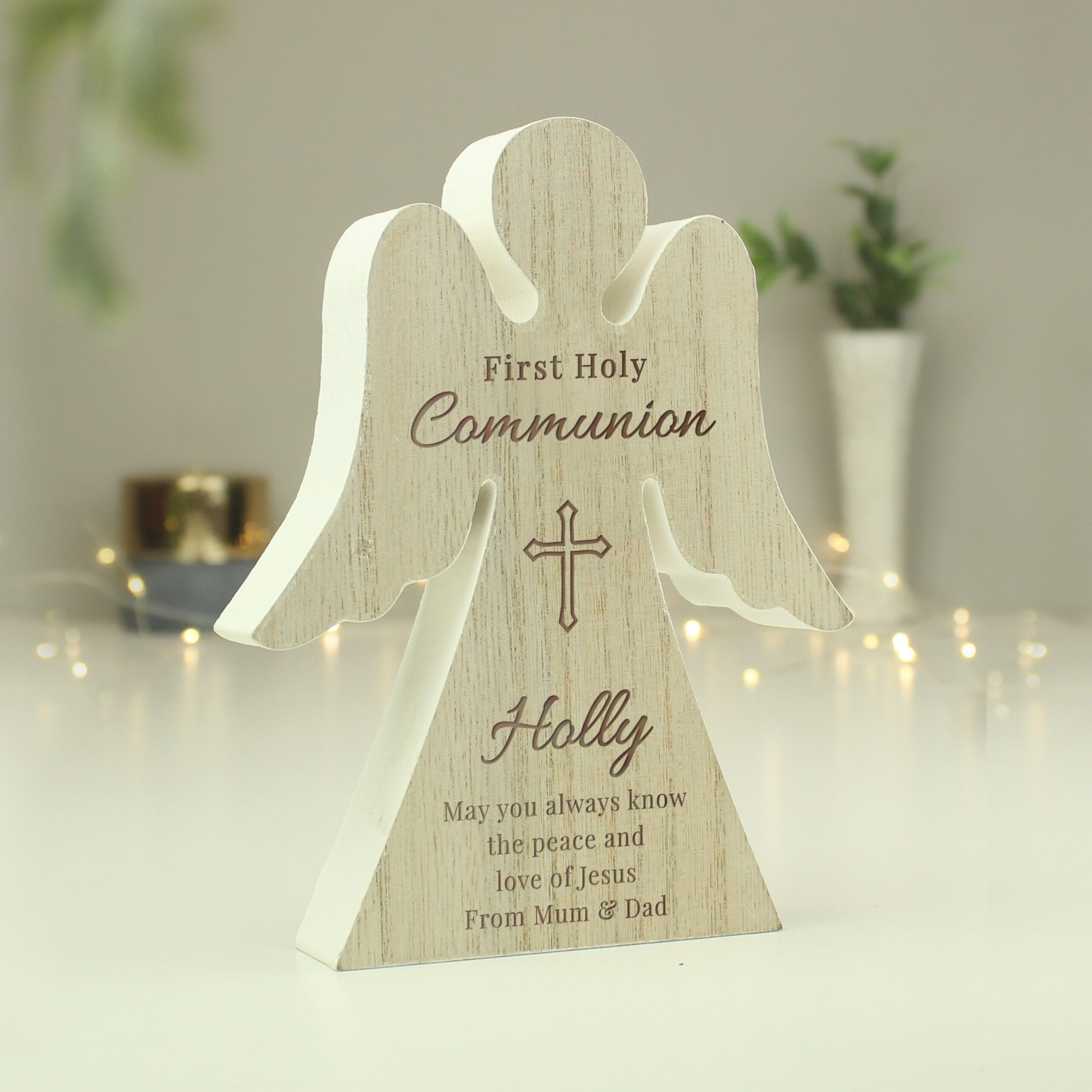 Personalised First Holy Communion Rustic Wooden Angel Decoration ...