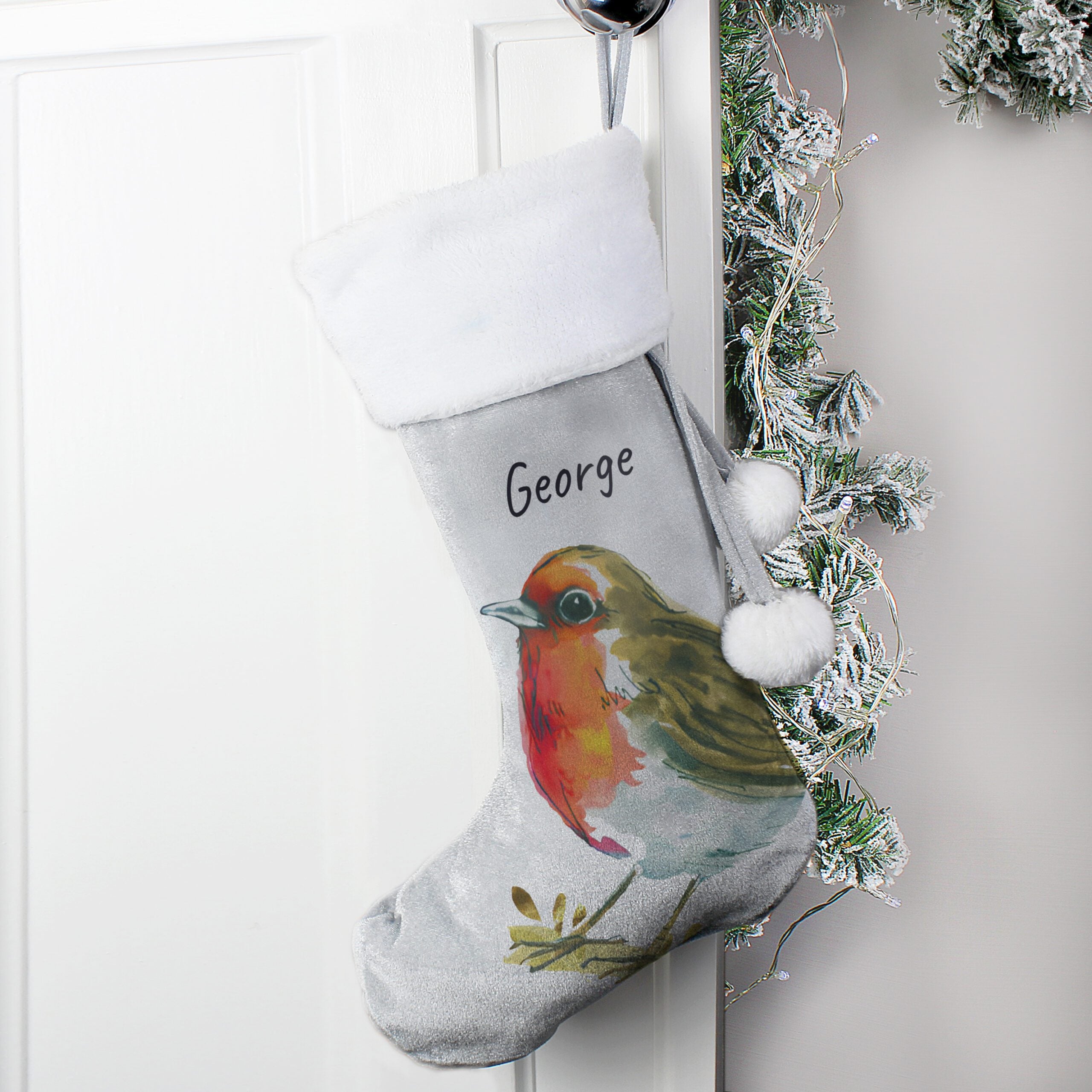 Personalised Robin Silver Grey Stocking - ForYou.ie