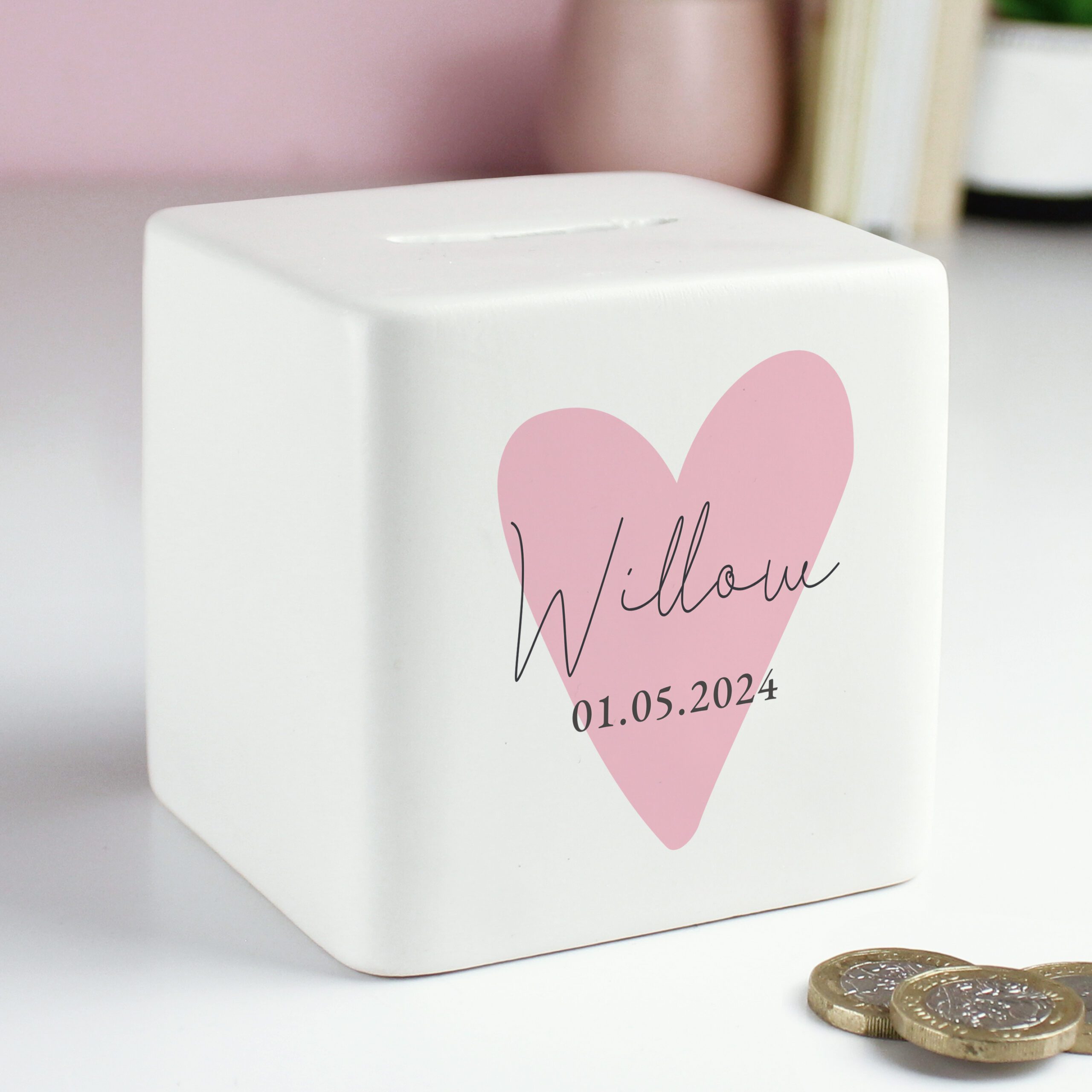 Personalised Pink Heart Ceramic Square Money Box - ForYou.ie