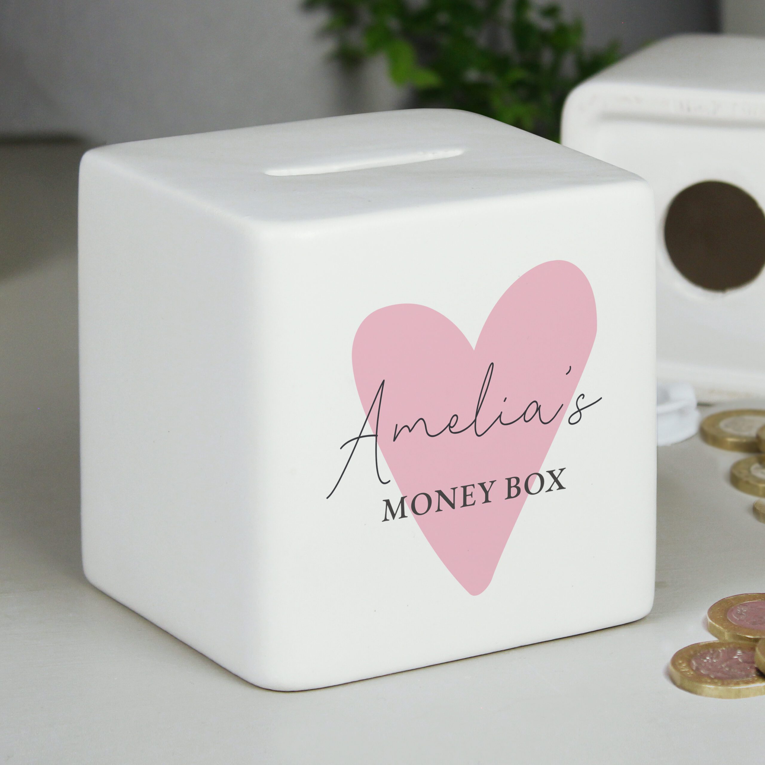 Personalised Pink Heart Ceramic Square Money Box - ForYou.ie