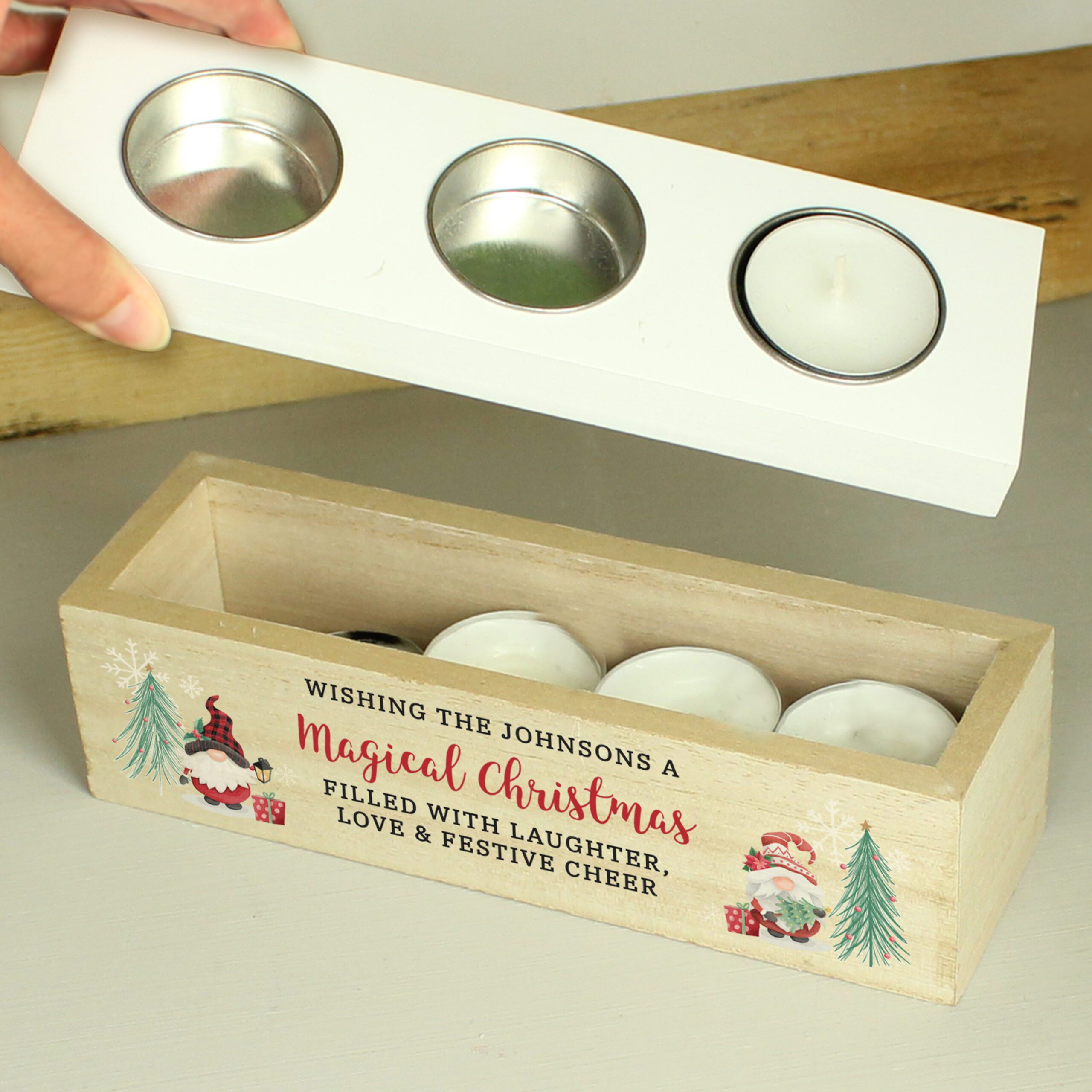 Personalised Christmas Gonk Triple Tea Light Box - ForYou.ie