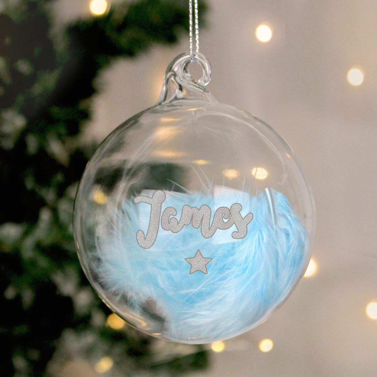Personalised Blue Feather Silver Star Glass Bauble - ForYou.ie
