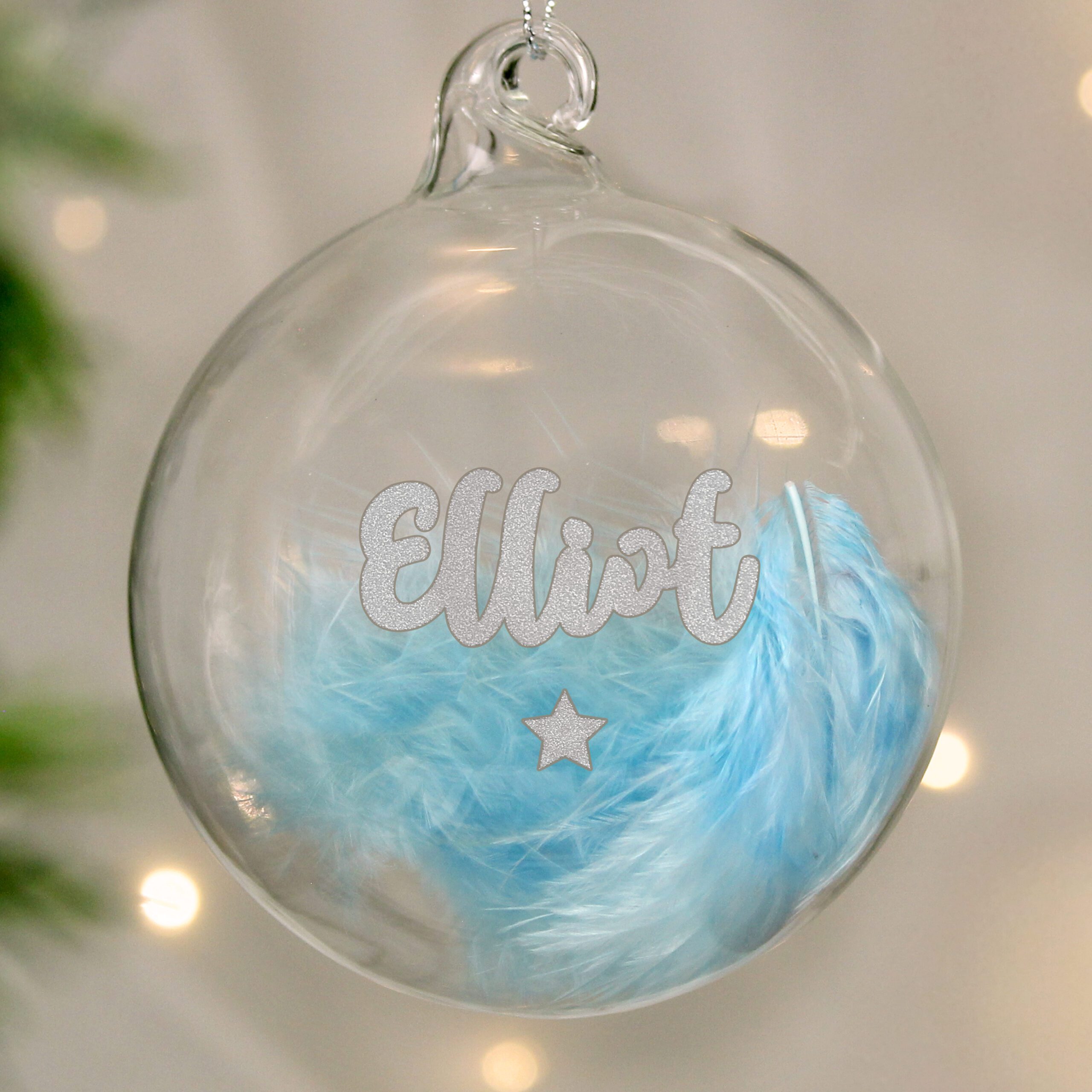 Personalised Blue Feather Silver Star Glass Bauble - ForYou.ie